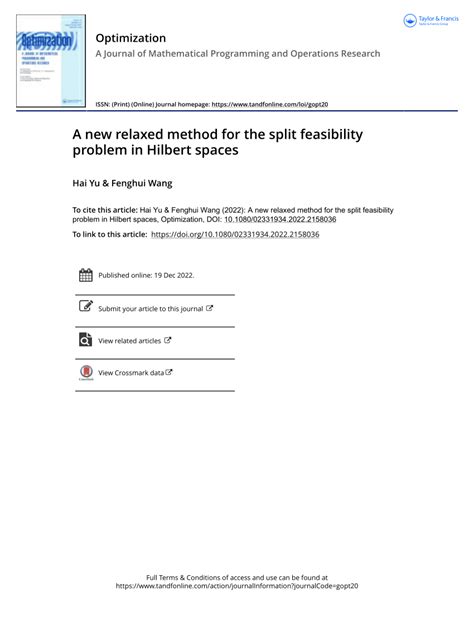 Pdf A New Relaxed Method For The Split Feasibility Problem In Hilbert Spaces