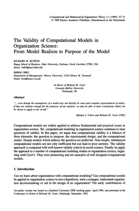 Pdf The Validity Of Computational Models In Organization Science From Model Realism To