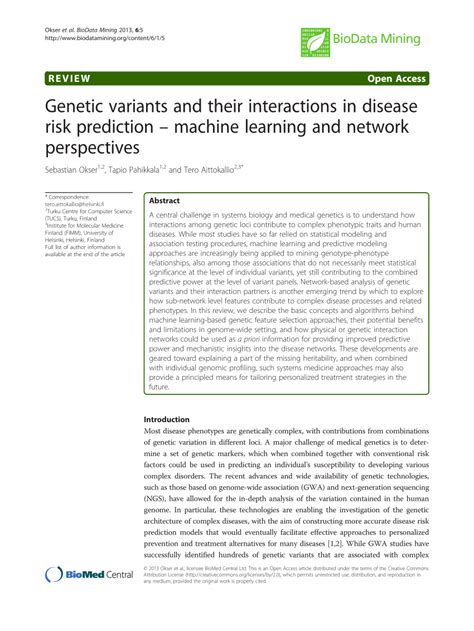 Pdf Genetic Variants And Their Interactions In Disease Risk Prediction Machine Learning And