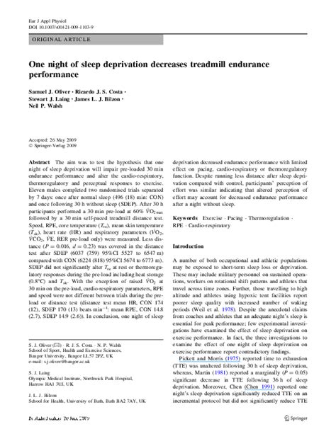 Pdf One Night Of Sleep Deprivation Decreases Treadmill Endurance