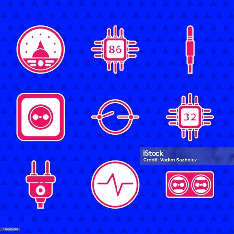 설정 전기 회로 구성 표 전기 콘센트 마이크로 회로 Cpu프로세서 플러그 오디오 잭과 앰프 미터 멀티 미터 볼트미터 아이콘 벡터