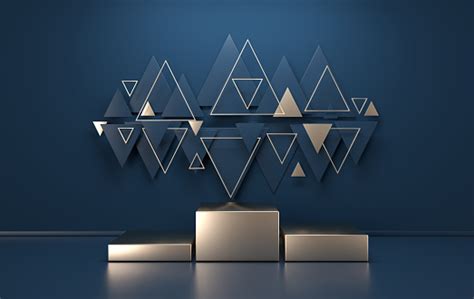 기하학적 모양의 3d 렌더링 스튜디오 바닥에 연단 제품 프레젠테이션을 위한 플랫폼 배경 모의 최소한의 디자인 블루와 골드 색상의 추상적 구성 개념에 대한 스톡 사진 및 기타