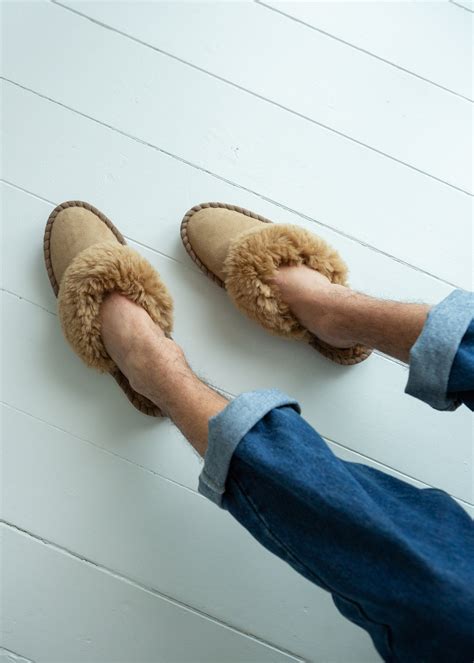 Mens Sheepskin Mule Slippers Handmade Tobacco Suede The Small Home
