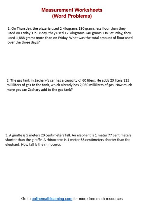 Measurement Word Problems Worksheet Printable Online Answers