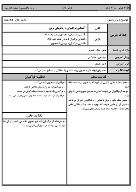 طرح درس های ماهانه هنر پایه چهارم ابتدایی گاما