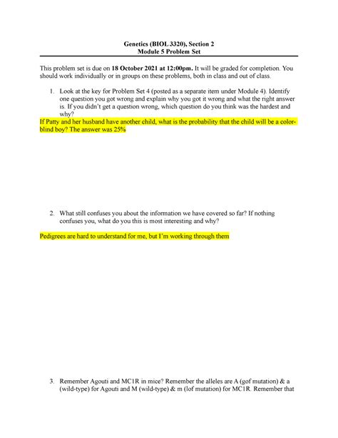 Module 5 Problem Set Assignment Genetics Biol 3320 Section 2