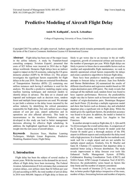Pdf Predictive Modeling Of Aircraft Flight Delay
