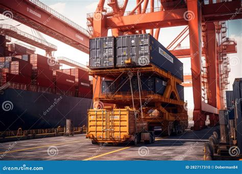 Container Ship At The Berth In Cargo Terminal Of The Port Under Loading Port Cranes Load