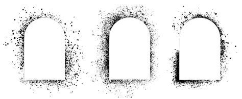 검은 색 프레임 아치 스프레이 스텐실이 흰색 배경에 고립 된 세트입니다 도시 거리 낙서 스타일 에어 브러시 페인트 튄 테두리 스플래시 효과가있는 그런지 거리 예술 및 방울