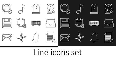 라인 삭제 파일 문서 소셜 미디어받은 편지함 십자가가있는 삭제 표시 캘린더 확인 표시 플로피 디스크 및 시계 레트로 플립 및 음악 노트 아이콘을 설정합니다 벡터 거절에 대한