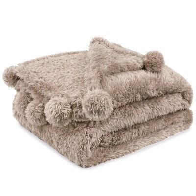 Pavilia Fluffy Throw Blanket With Pompom Lightweight Soft Plush Cozy