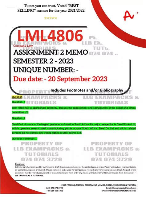 LML4806 ASSIGNMENT 2 MEMO SEMESTER 2 2023 UNISA UNIQUE NUMBER DISTINCTION