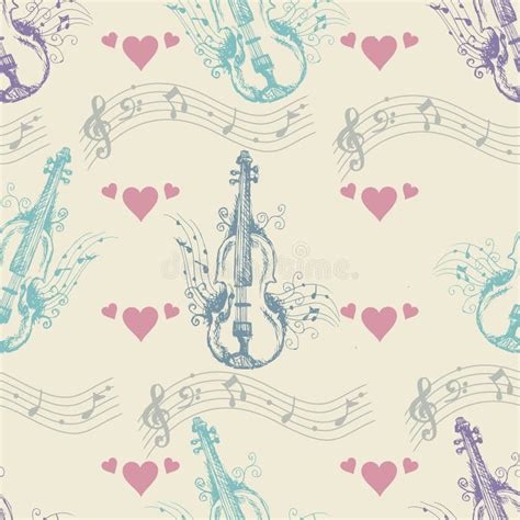 Hand Drawn Musical Violin Pattern With Notes And Hearts Stock Vector Illustration Of Icon