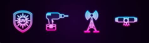 세트 라인 Uv 보호 드릴 머신 안테나 및 디플로마 롤 스크롤 빛나는 네온 아이콘입니다 벡터 기계류에 대한 스톡 벡터 아트 및 기타 이미지 Istock