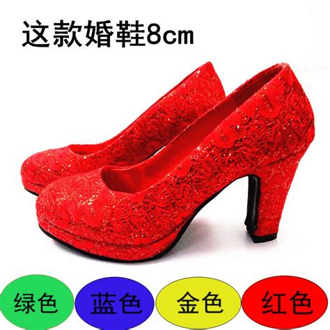 婚鞋女红色中跟新娘鞋粗跟8cm中式婚鞋上车鞋过门敬酒上轿鞋绿 虎窝淘