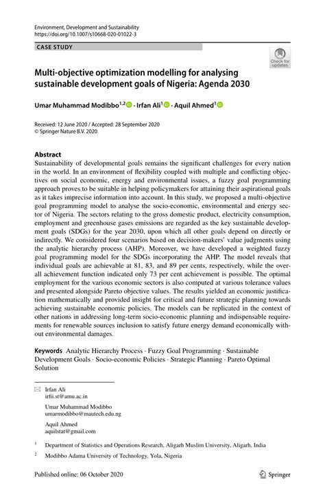 Pdf Multi‑objective Optimization Modelling For Analysing Sustainable Development Goals Of