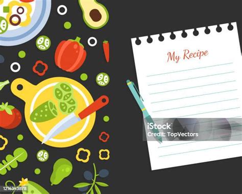 신선한 야채 패턴 채식 요리 책 페이지 벡터 일러스트와 내 조리법 빈 카드 템플릿 개념에 대한 스톡 벡터 아트 및 기타 이미지 개념 교육 귀여운 Istock