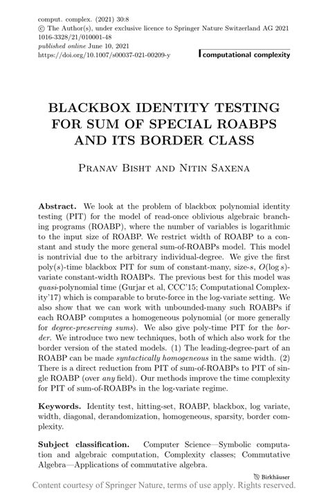 Blackbox Identity Testing For Sum Of Special Roabps And Its Border