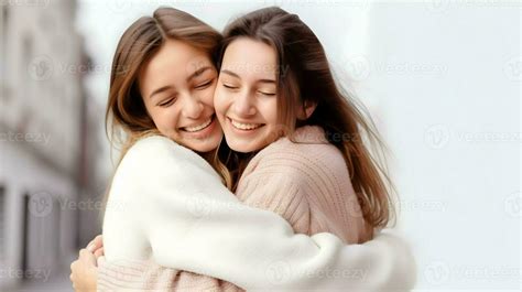 Ai Generated Happy Meeting Of Two Female Friends Hugging For National