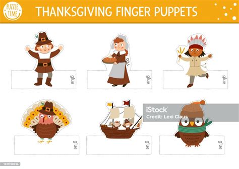 벡터 추수 감사절 손가락 인형 세트 귀여운 종이 인형 칠면조 순례자 원주민 미국 인디언 아이들을위한 올빼미 가을 휴가 는 공예