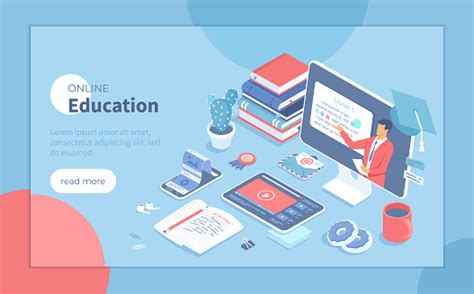 온라인 교육 거리 학습 온라인 과정 가정에서 교육 웨비나 교사 태블릿 전화 책 노트북 모니터에서 교육 비디오 배너에 대한 등자극성 벡터 그림 3차원 형태에 대한 스톡 벡터