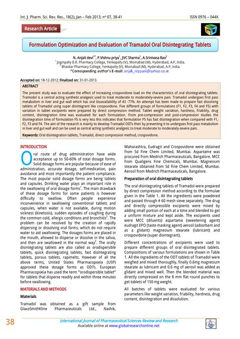 Pdf Formulation Optimization And Evaluation Of Tramadol Oral Disintegrating Tablets