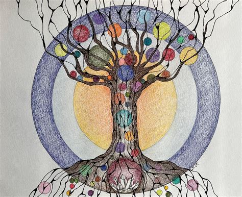 Colorful Tree Drawing With Moon In The Background