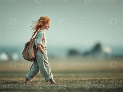 Young Girl Walking Barefoot In Field Carrying Backpack 71389996 Stock