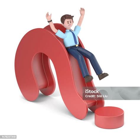 물음표 슬라이드에서 웃고 있는 아시아 남자 펠릭스의 3d 그림 흰색 배경에 3d 렌더링 Spike Guys Choice Awards에 대한 스톡 사진 및 기타 이미지