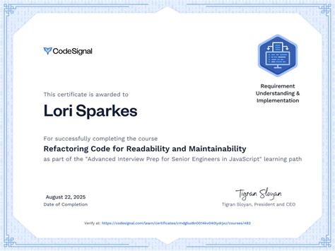 course certificate for refactoring code for readability and maintainability lori sparkes