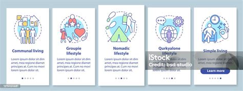 선형 개념으로 모바일 앱 페이지 화면에 온보딩 라이프 스타일 유형 공동 생활 유목민 그루지 라이프 스타일 연습 단계 그래픽 지침 Ux Ui 아이콘이 있는 Gui 벡터 템플릿