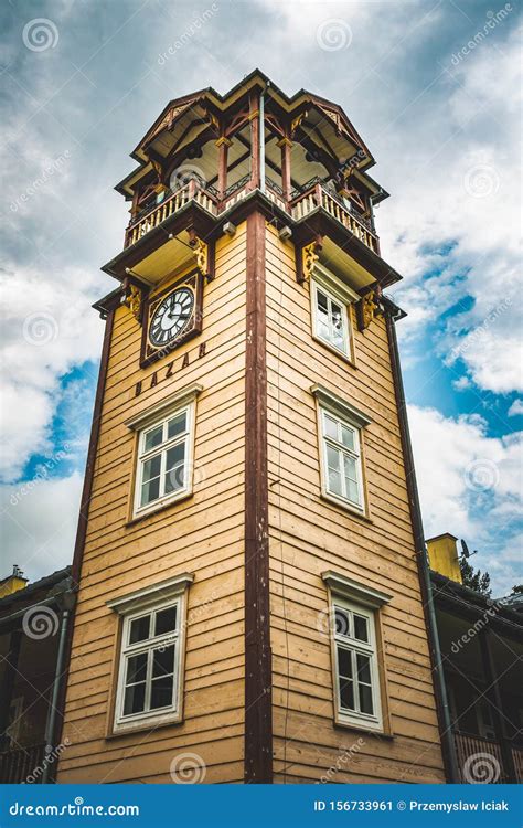 View At Old Wooden Clock Tower Of Town Hall In Iwonicz Zdroj Tourist