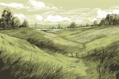 Premium Ai Image A Drawing Of A Grassy Field With Trees In The Background Generative Ai