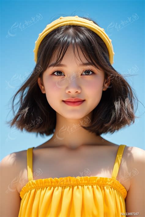 亚洲女孩戴着黄色头带穿着黄色连衣裙图片下载 红动中国