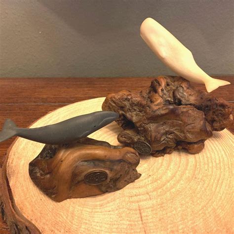 Vintage John Perry Whale Sculptures On Natural Wood Choice Of Blue Or