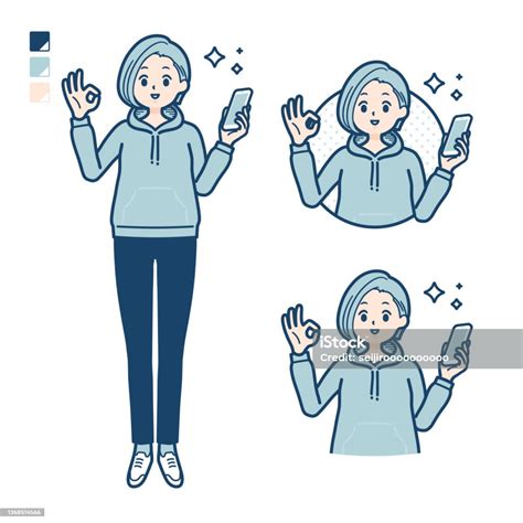 스마트폰을 들고 Ok 사인 이미지를 하고 있는 후드티를 입은 한 젊은 여성 Brand Name Smart Phone에 대한 스톡 벡터 아트 및 기타 이미지 Brand