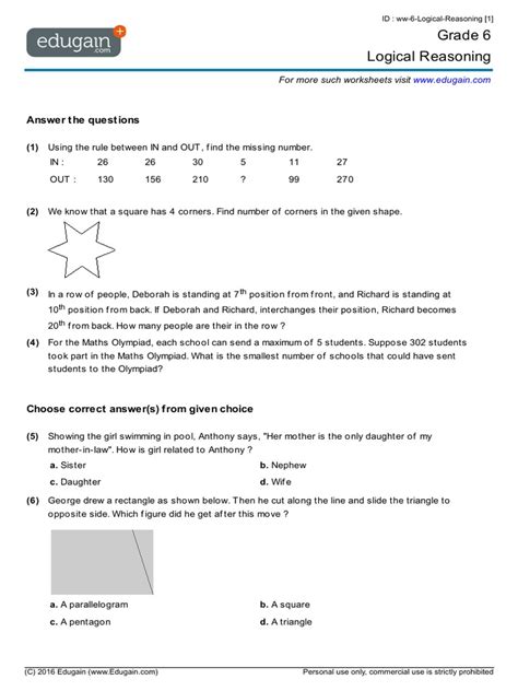 Grade 6 Logical Reasoning Ww Pdf Rectangle