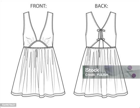 벡터 민소매 V넥 미니 드레스 기술 도면 활 디테일 패션 Cad 스케치 템플릿 플랫이 있는 여성 드레스 저지 또는 짠 직물