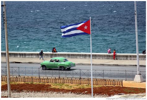 Cuban Flag And A Green Car On The Malecón Photo Id 21624 Havana