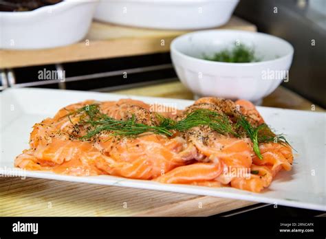 Traditional Scandinavian Dish Salmon Gravlax Salt And Sugar Cured