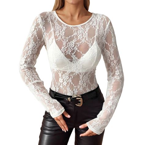 Fyduu Womens Tops Fashion Tshirts Women See Through Mesh Top Lace Crew