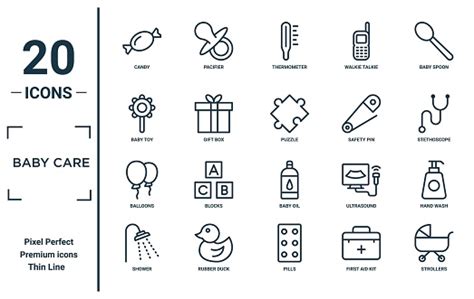 베이비 케어 선형 아이콘 세트입니다 얇은 선 사탕 아기 장난감 풍선 샤워 유모차 퍼즐 보고서 프리젠 테이션 다이어그램 웹 디자인을위한 손 세척 아이콘 포함 0명에 대한 스톡