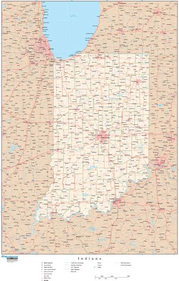 Indiana Wall Map With Roads By Map Resources Mapsales