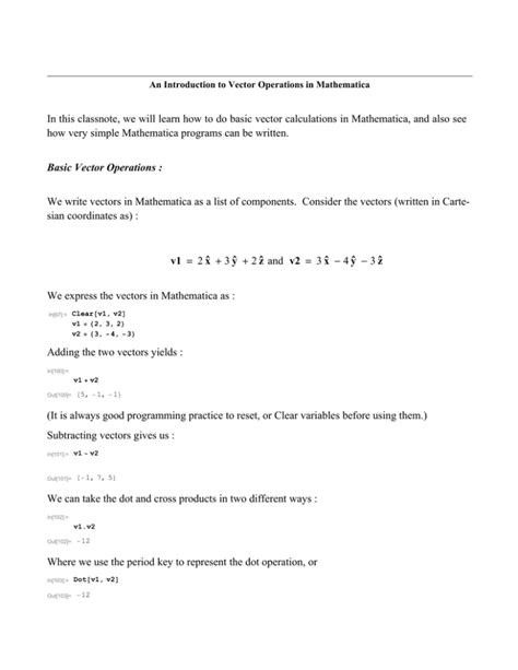 Basic Vector Operations In Mathematica