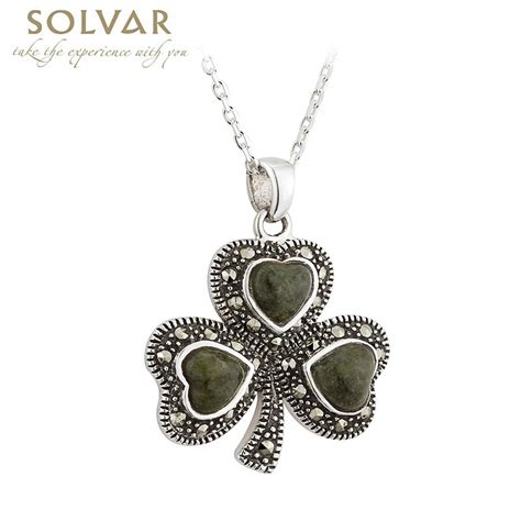 Irish Necklace Sterling Silver Connemara Marble Marcasite Shamrock