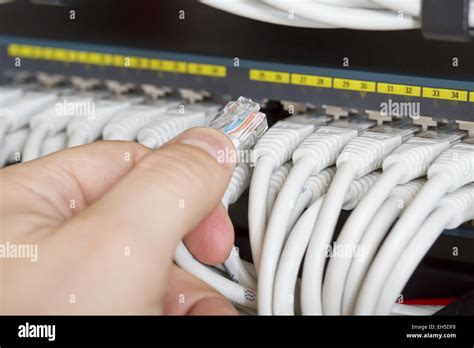 Close Up Of A IT Consultant Inserting Connecting A Network Cable Into A Switch Stock Photo Alamy