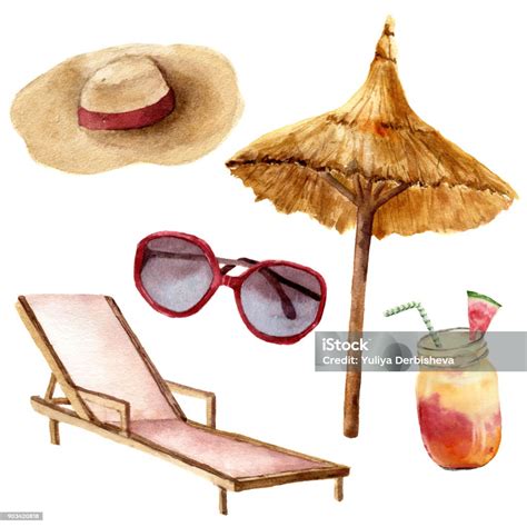 수채화 열 대 휴가 세트 손으로 그린 여름 비치 개체 선글라스 비치 파라솔 Coctail 비치의 자 및 Strow 모자 그림을 흰색 배경에 고립입니다 수채화에 대한 스톡