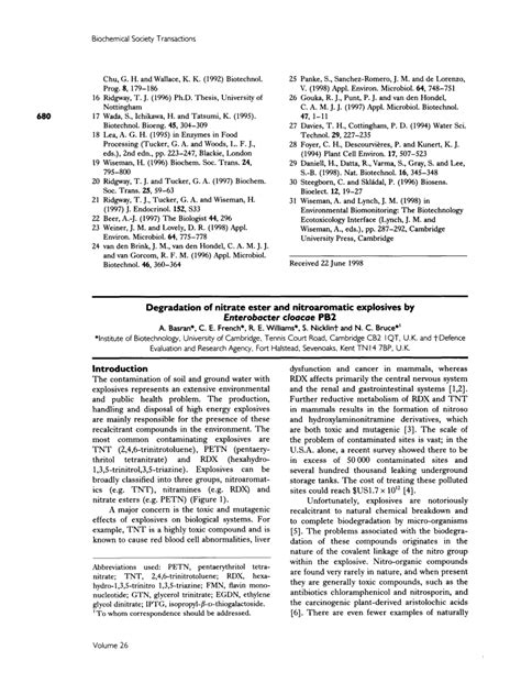 Pdf Degradation Of Nitrate Ester And Nitroaromatic Explosives By Enterobacter Cloacae Pb2
