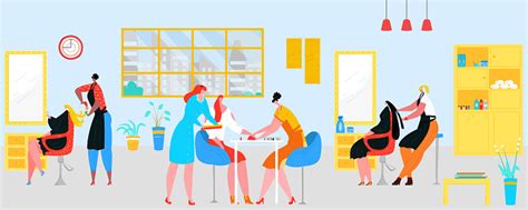 여성 미용사 및 매니큐어 작업 서비스 벡터 일러스트를위한 뷰티 살롱 만화 패션 헤어 스타일 아름다운 여성 캐릭터를위한 헤어 스타일 가정의 방에 대한 스톡 벡터 아트 및 기타