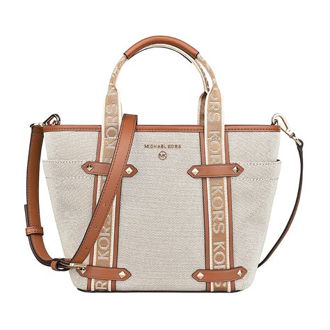 Mk Michael Kors Maeve字母logo帆布搭配牛皮飾邊磁扣式手提斜背兩用包小米白x棕 手提包兩用包 Yahoo